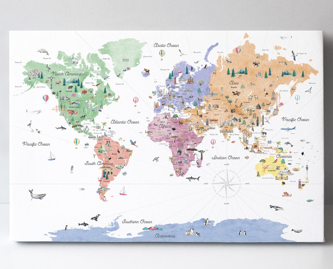 Educational Canvas World Map Travel Wall Art Kids World Map Nursery ...