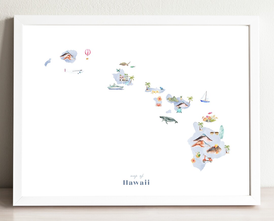 Hawaii Illustrated State Map Hawaii Wall Art Print Nursery - Etsy