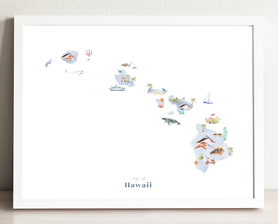 Hawaii Illustrated State Map Hawaii Wall Art Print Nursery - Etsy