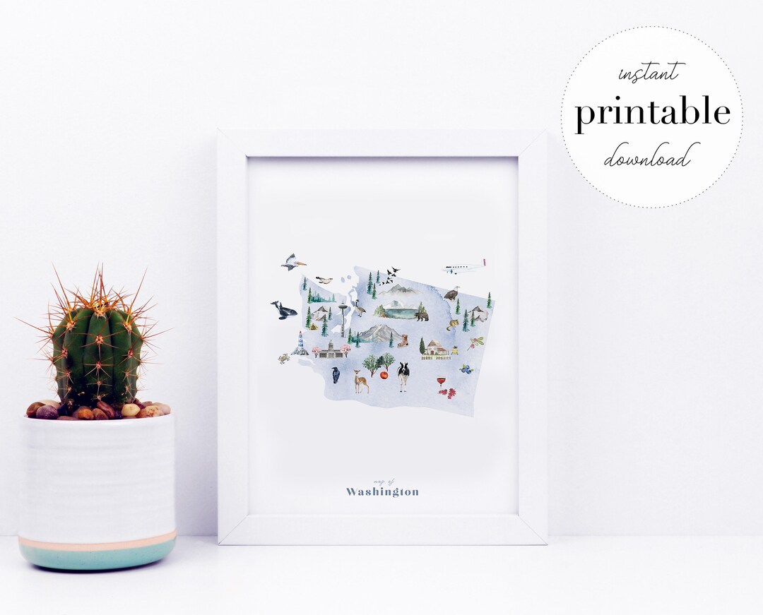 Washington Printable State Map, Illustrated Wall Art Print, Nursery ...