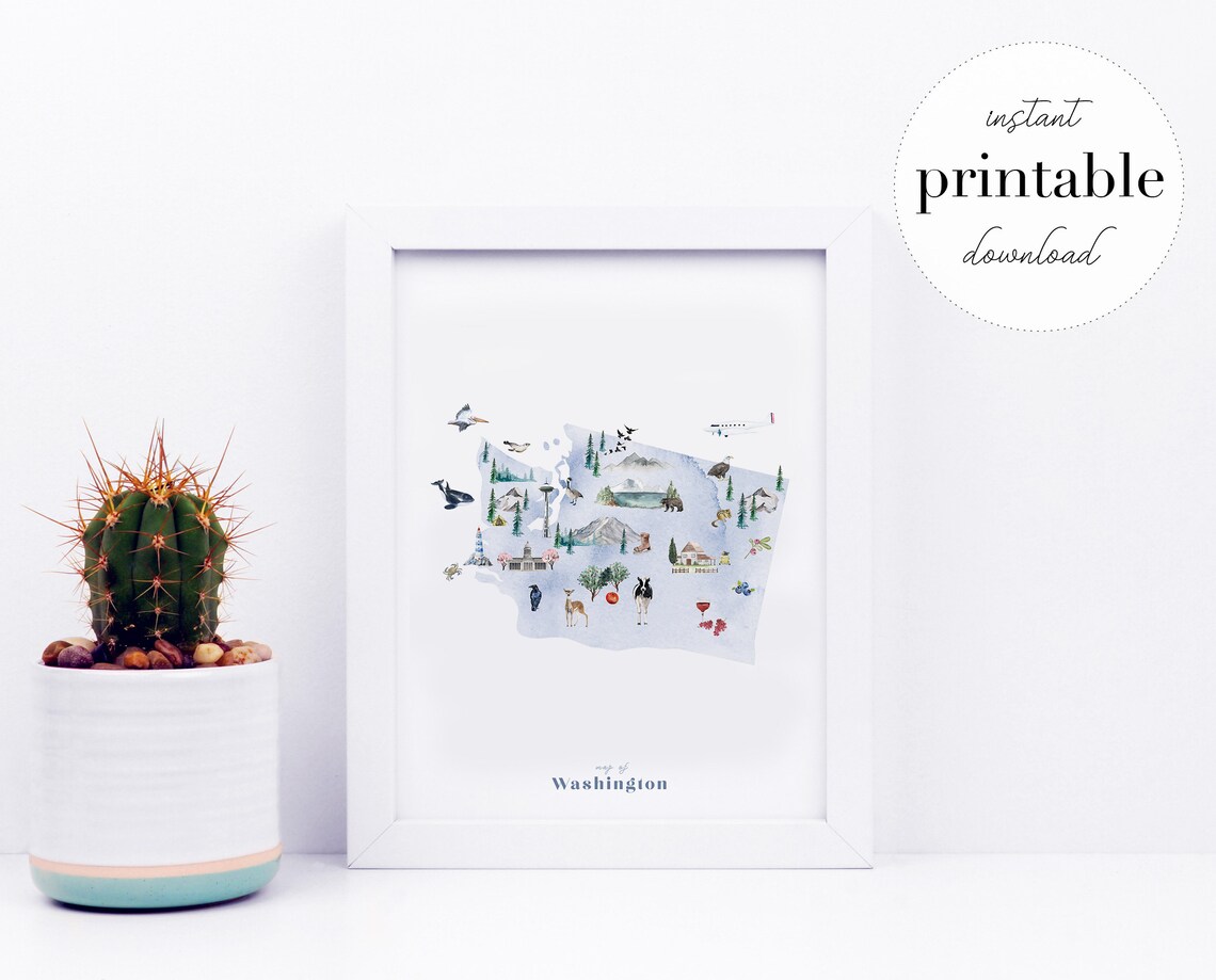 Washington Printable State Map illustrated wall art print | Etsy