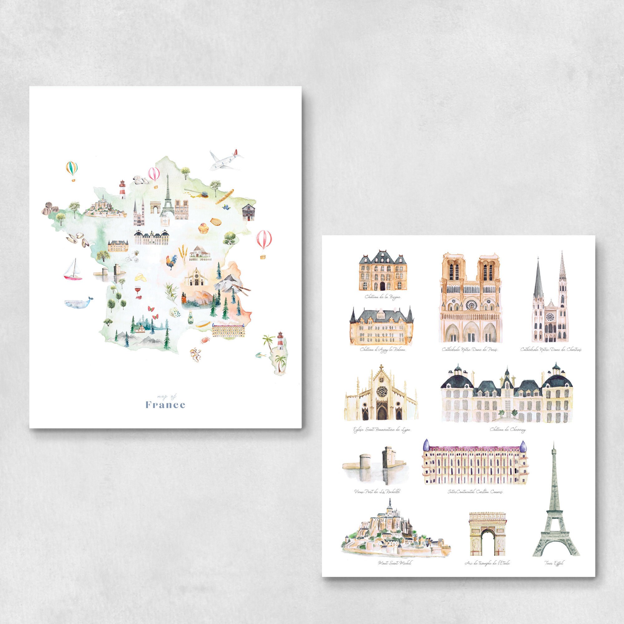 France Map & France Landmarks Art Print Set Watercolor | Etsy