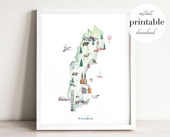 Sweden Illustrated Map Printable Travel Decor Wall Art Print | Etsy