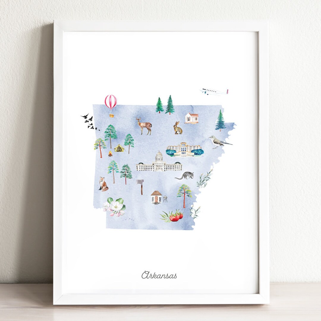 Arkansas Illustrated State Map, Wall Art Print, Nursery Decor, Nursery ...