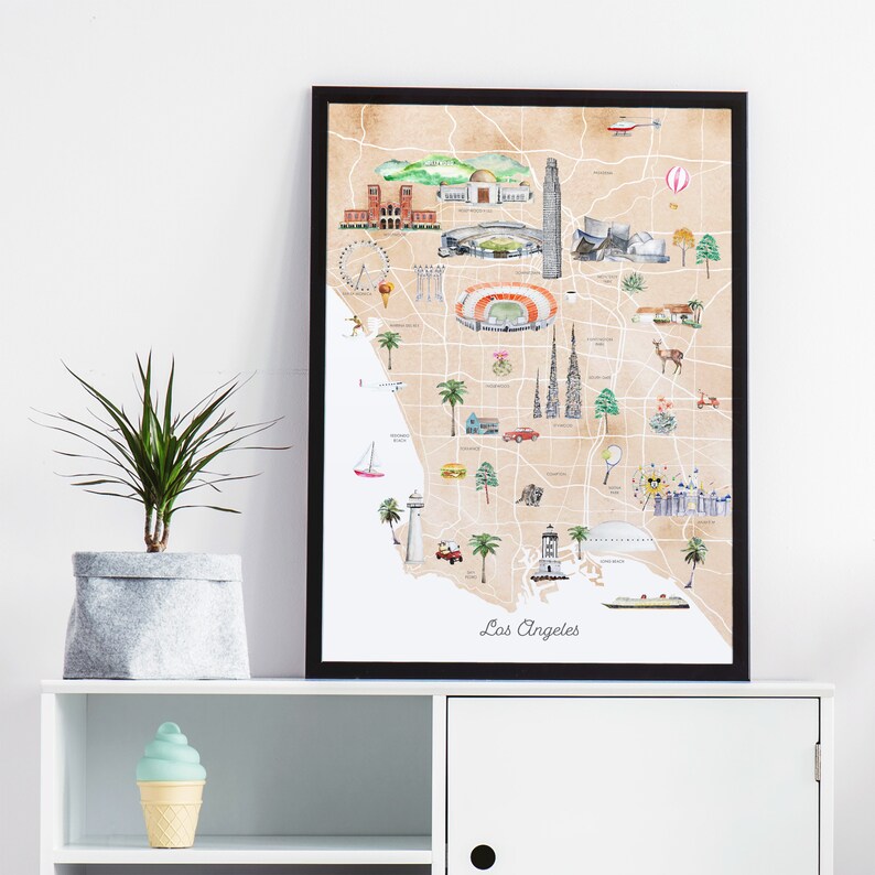 Los Angeles Map Art Print Watercolor City Map Travel - Etsy