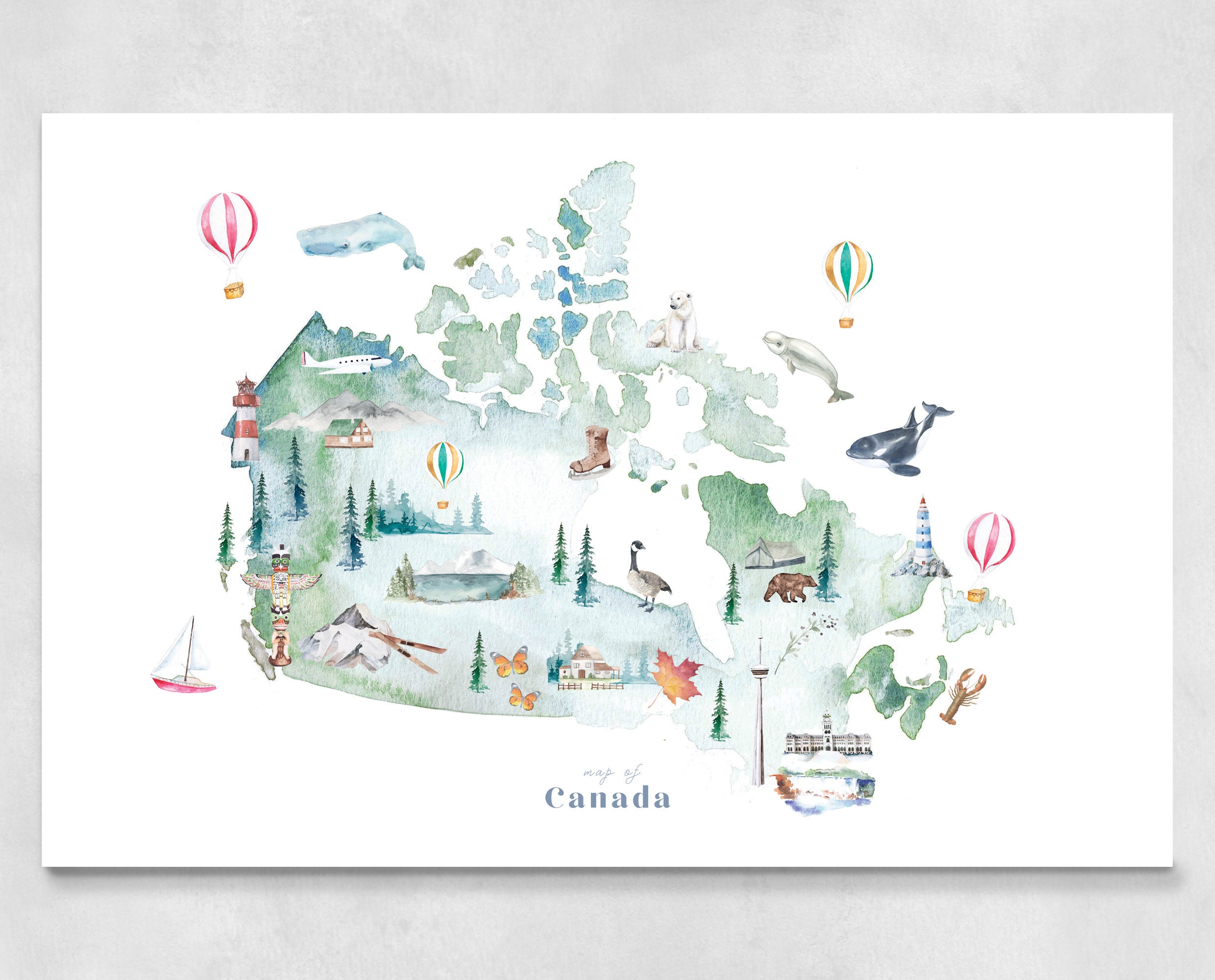 Canada Map Illustrated Art Print watercolor wall decor | Etsy