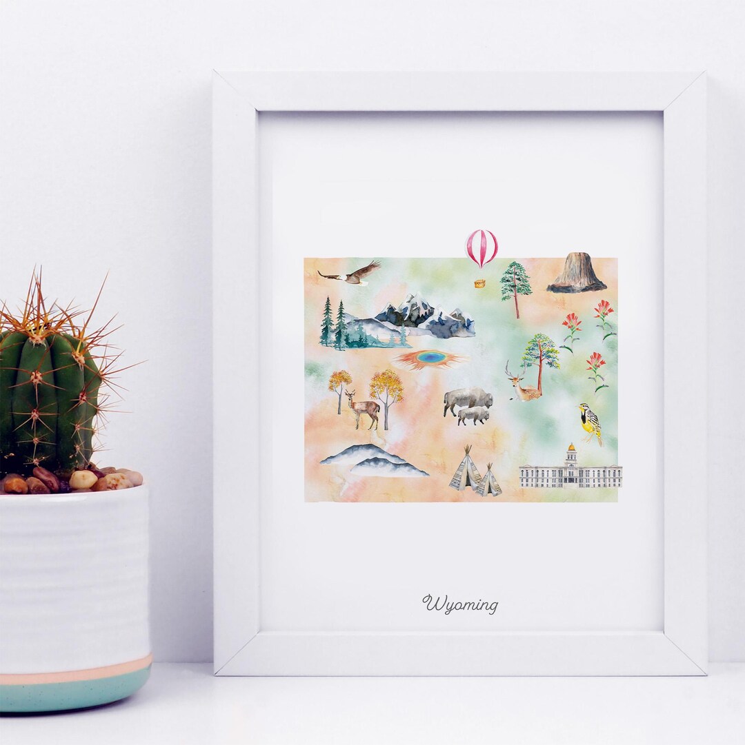 Wyoming Printable State Map, Illustrated Wall Art Print, Nursery Decor ...