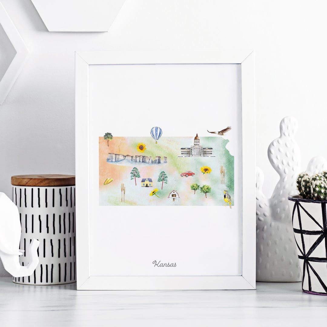 Kansas Printable State Map, Illustrated Wall Art Print, Nursery Decor ...