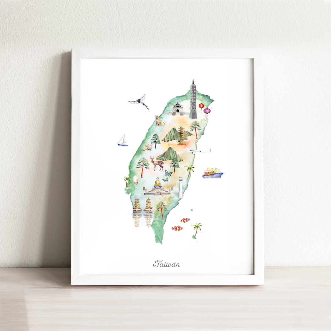 Taiwan Map Art Print Illustrated, Watercolor Nursery Decor, Country Map ...