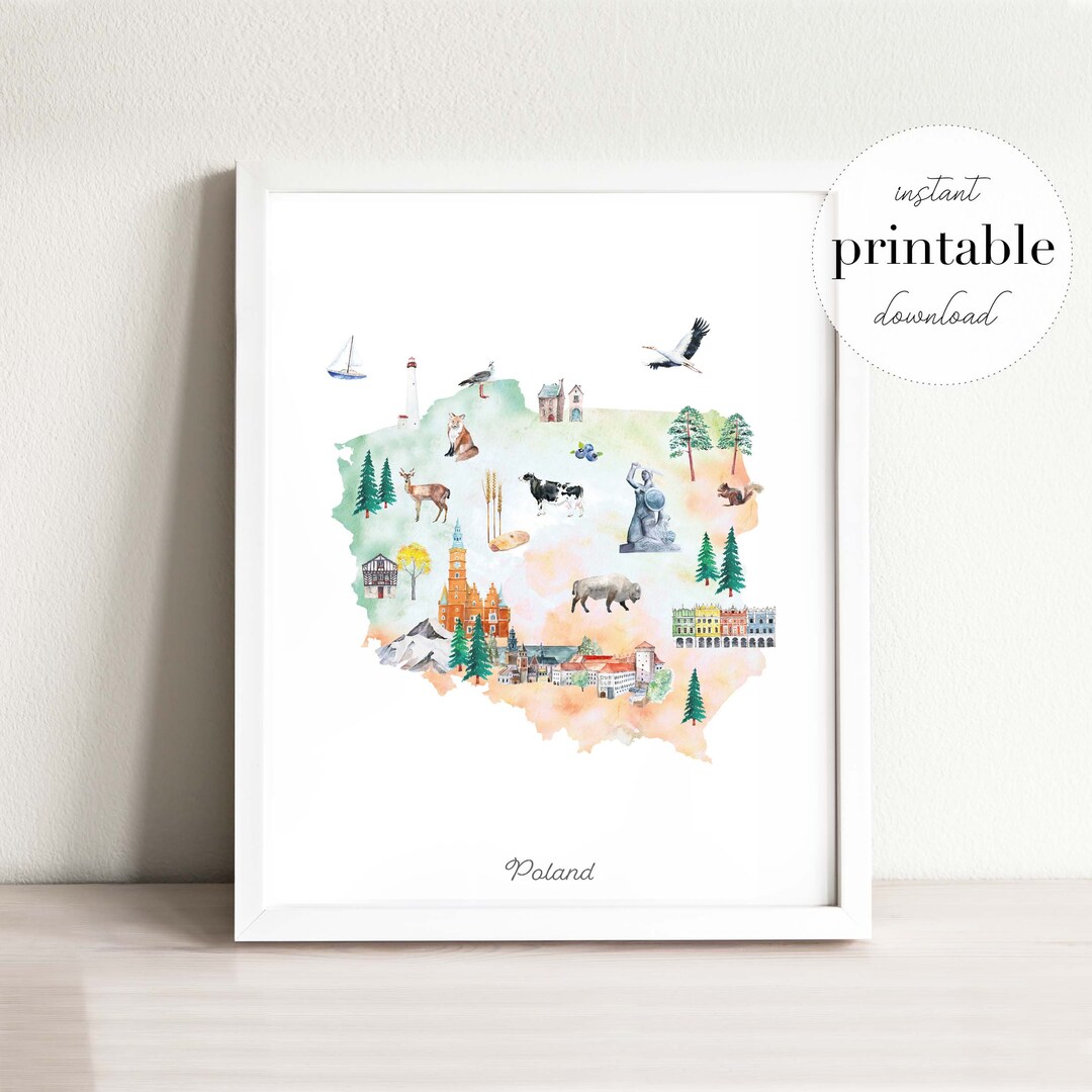 Poland Illustrated Map Printable, Wall Art Print, Landmark, Kids Room ...