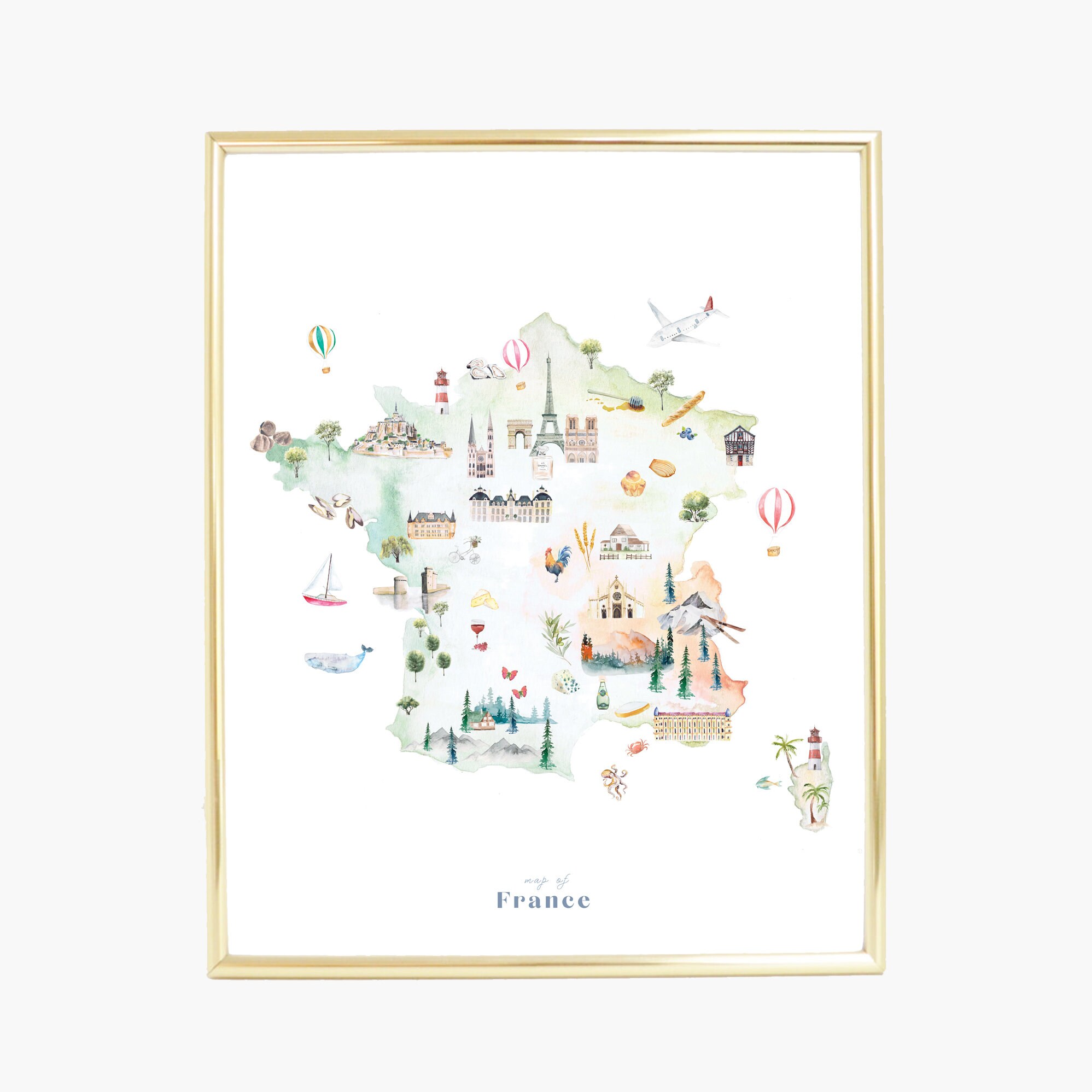 France Map & France Landmarks Art Print Set Watercolor | Etsy