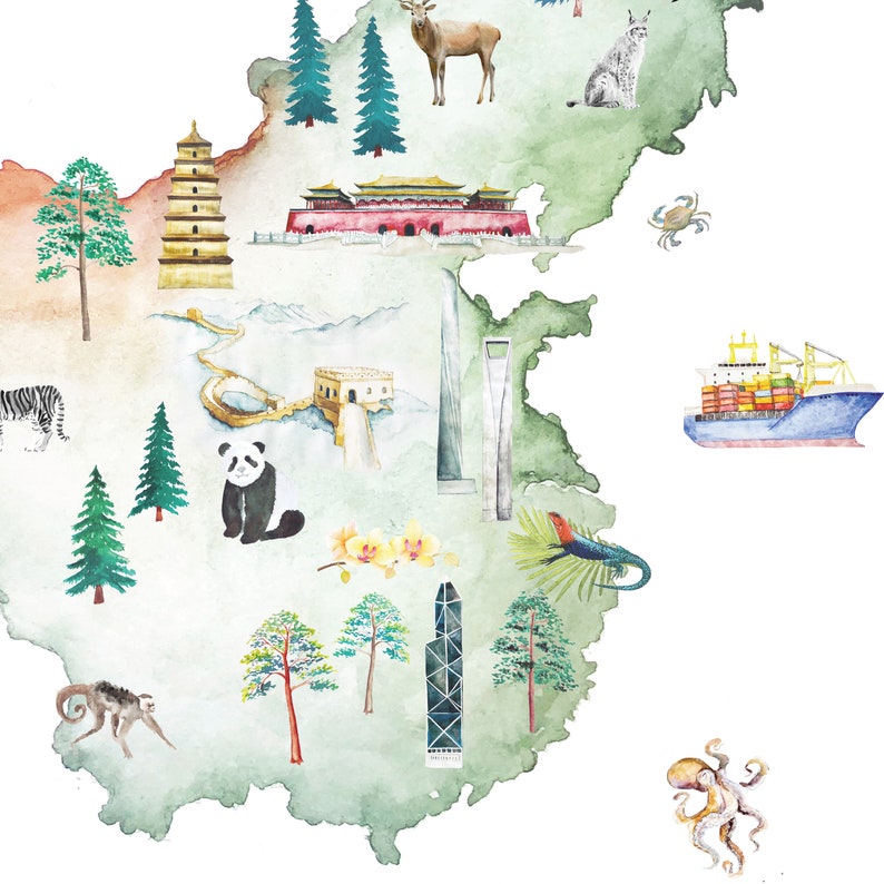 China Illustrated Map Printable Wall Art Print Nursery - Etsy