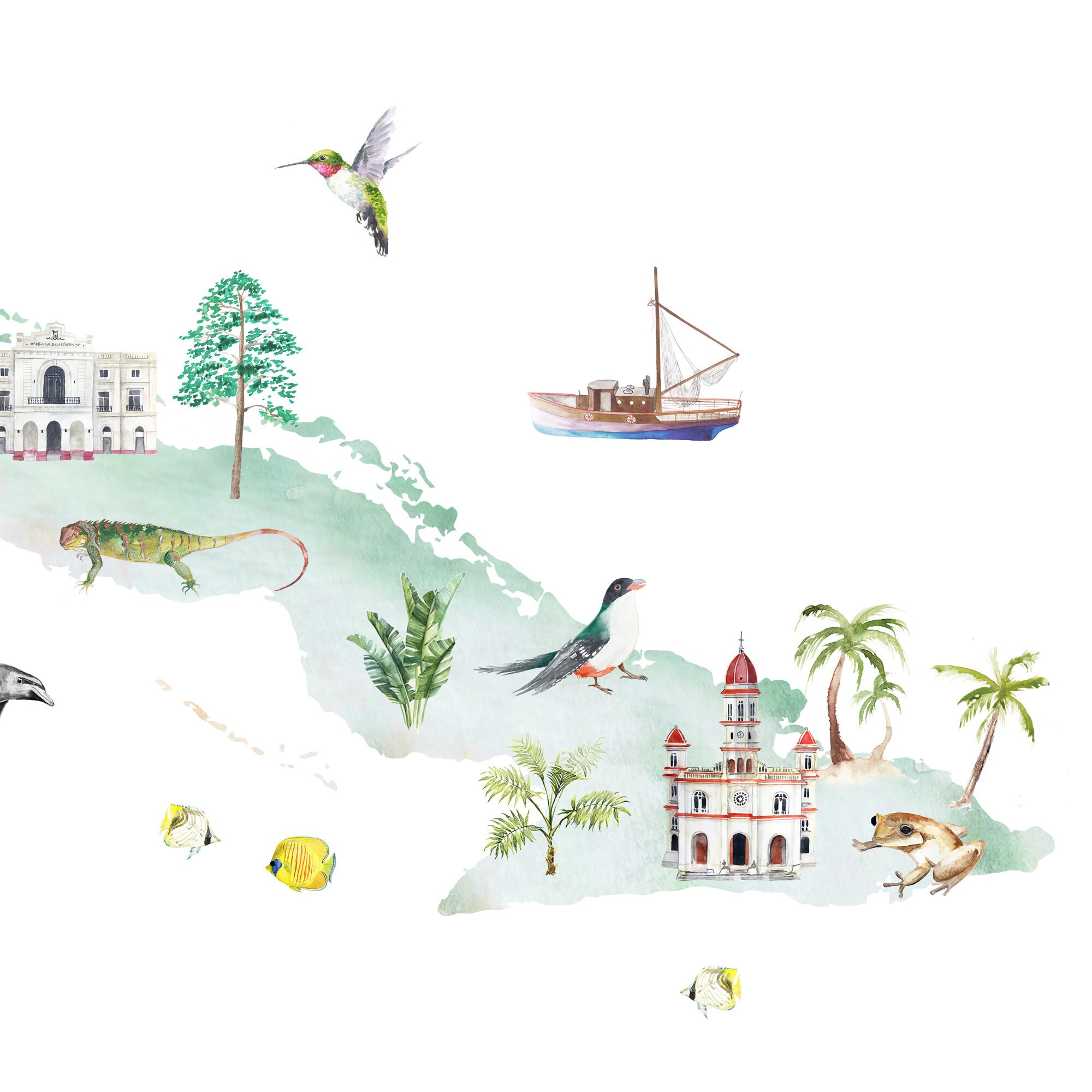 Cuba Map Print: Watercolor Landmarks & Animals (digital Download) - Etsy
