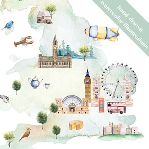 United Kingdom Illustrated Map Art Print Watercolor Nursery | Etsy