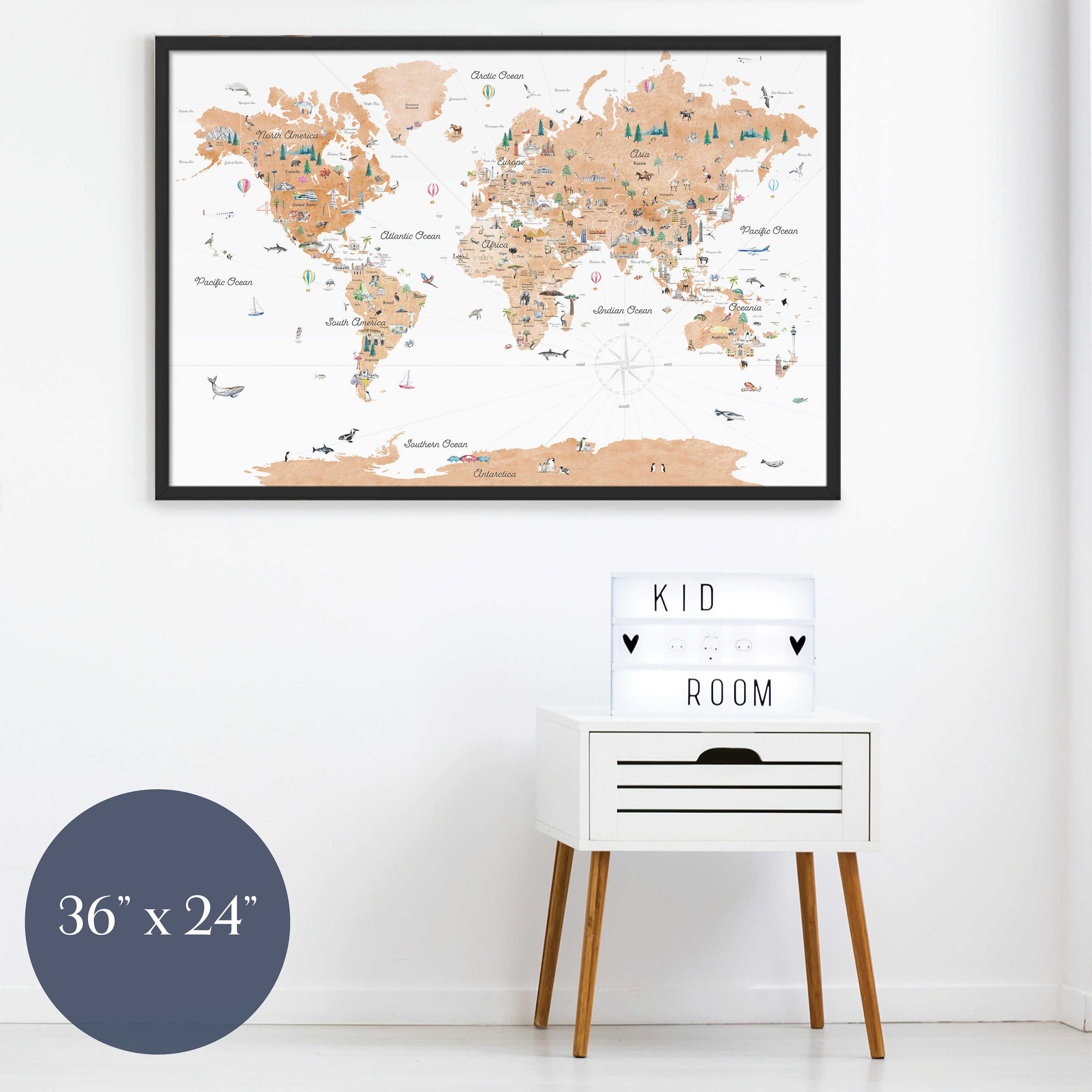 Tan Educational World Map World Map Kids Wall Art - Etsy Canada