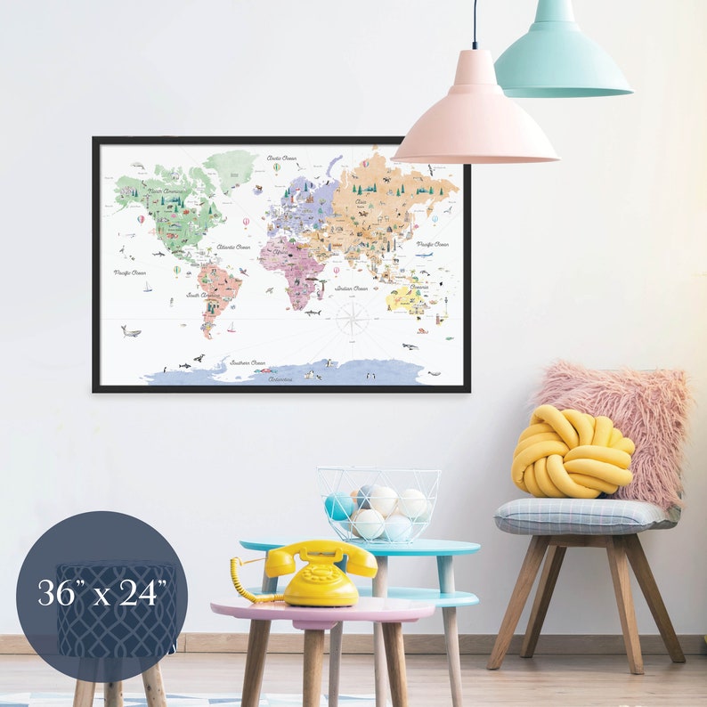 Pastels Educational World Map Kids World Map Nursery | Etsy Australia