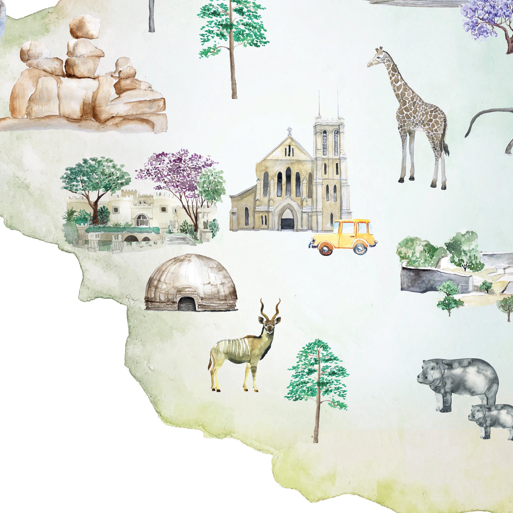 Zimbabwe Illustrated Map Printable Wall Art Print Nursery | Etsy