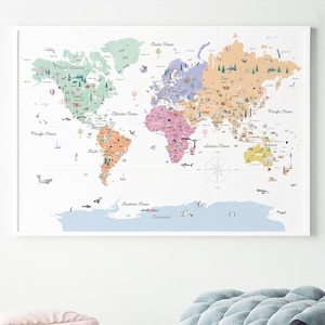 Pastel World Map Print, Countries, Landmarks, Kids Nursery Decor ...