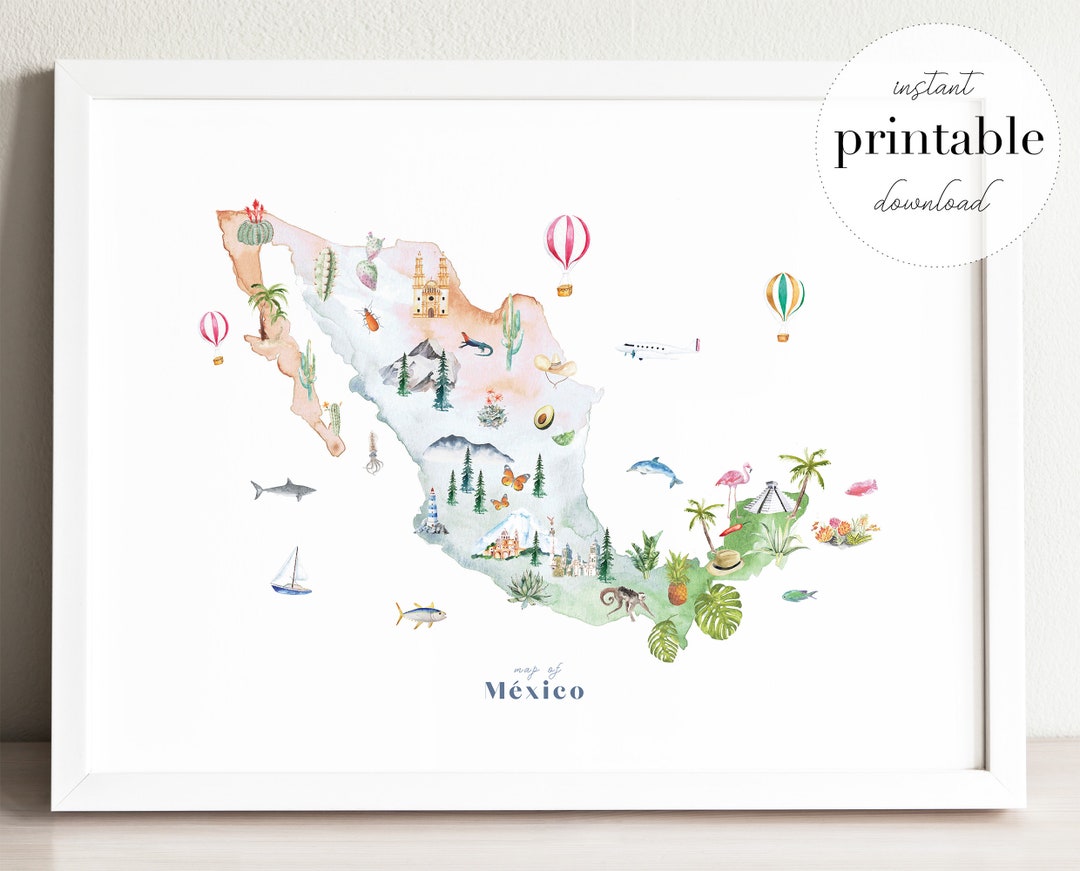 Mexico Illustrated Map Printable Wall Art Print Nursery - Etsy