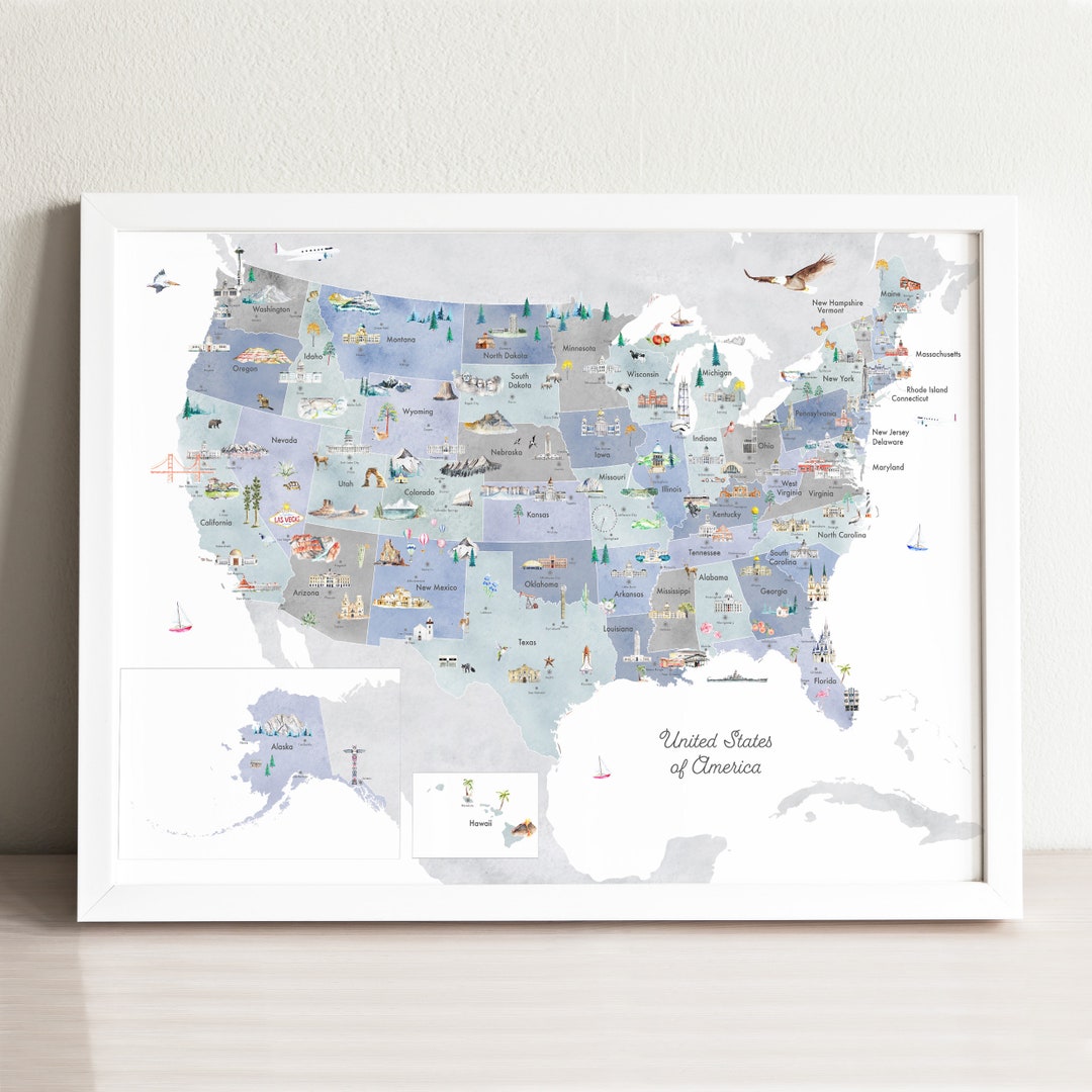 Cool Tones Educational United States Illustrated Map Art Print Nursery ...