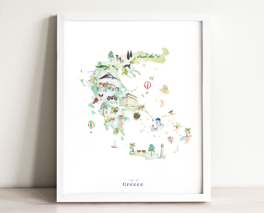 Greece Map Art Print Illustrated Watercolor Nursery Decor - Etsy