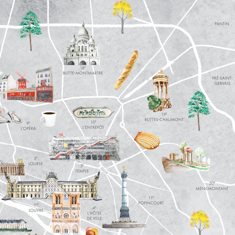 Paris Art Print Set: Illustrated Map & Landmark Collection - Etsy