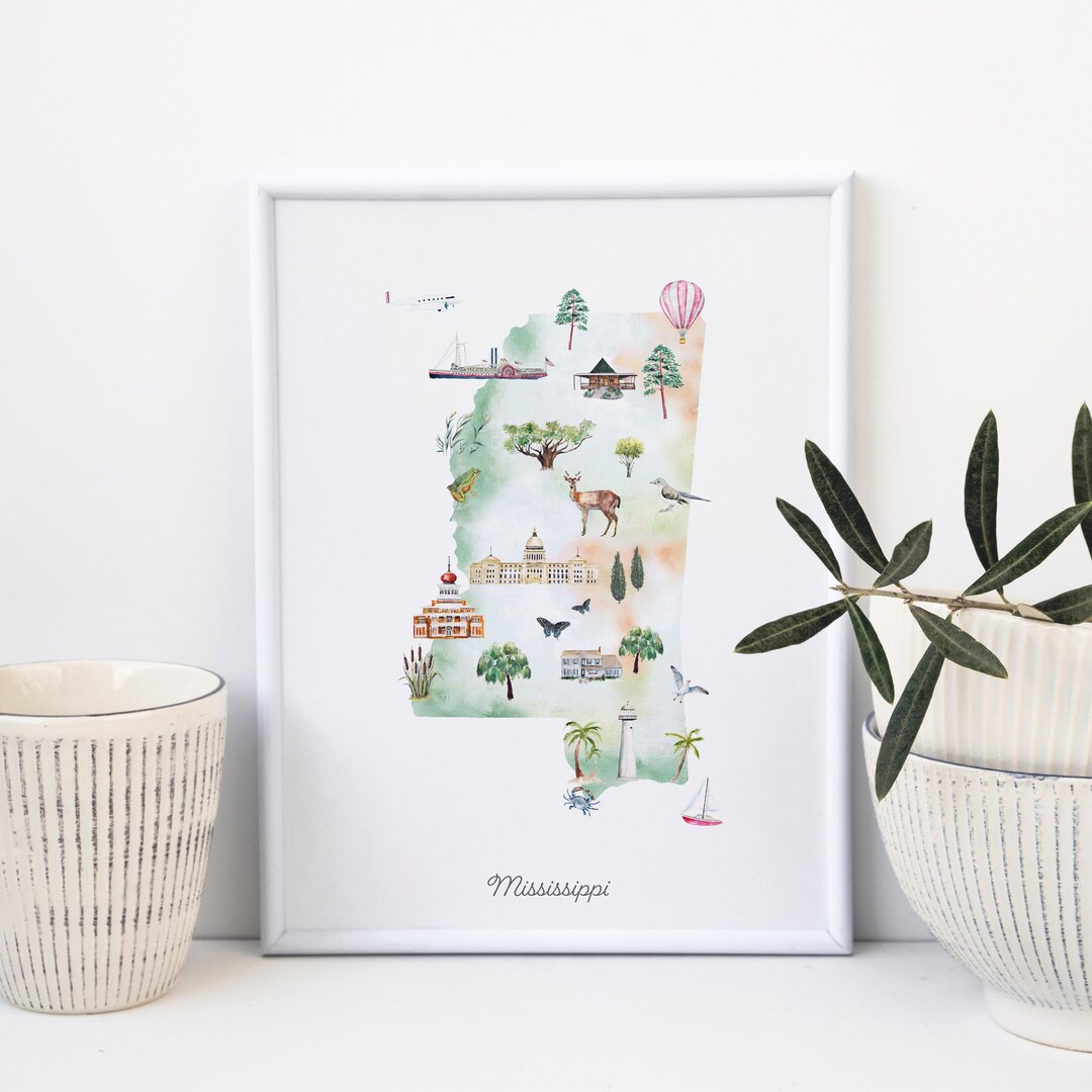 Mississippi Printable State Map, Illustrated Wall Art Print, Nursery ...