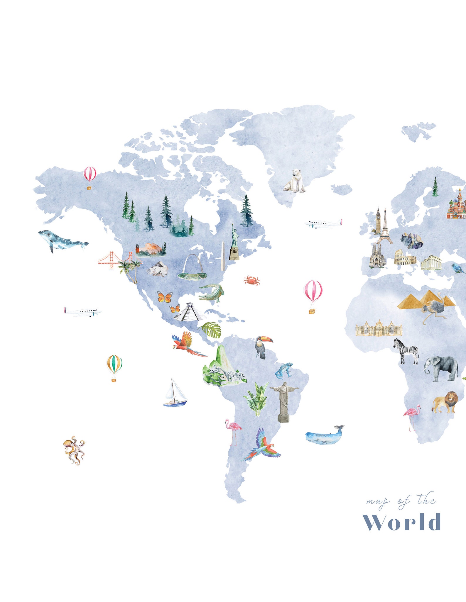 Illustrated World Map Printable Wall Art Print Nursery | Etsy