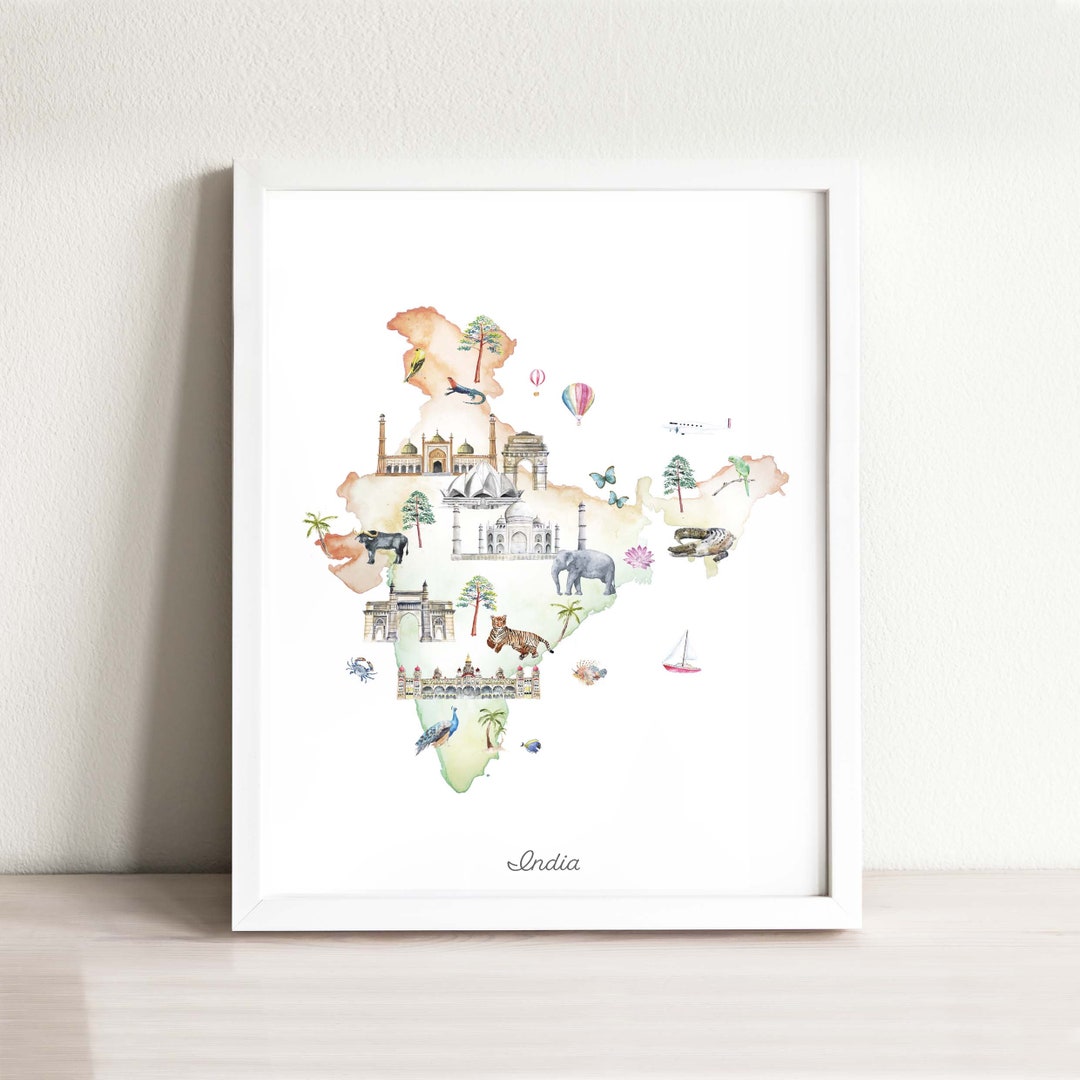 India Map Art Print Illustrated, Watercolor Decor, Country Map Poster ...