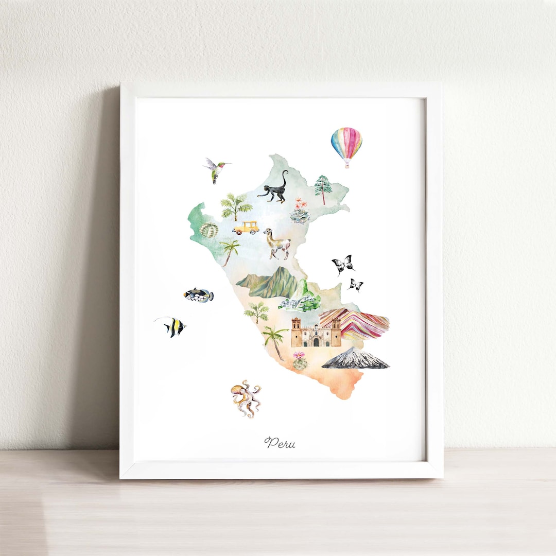 Peru Map Art Print Illustrated, Watercolor Nursery Decor, Country Map ...