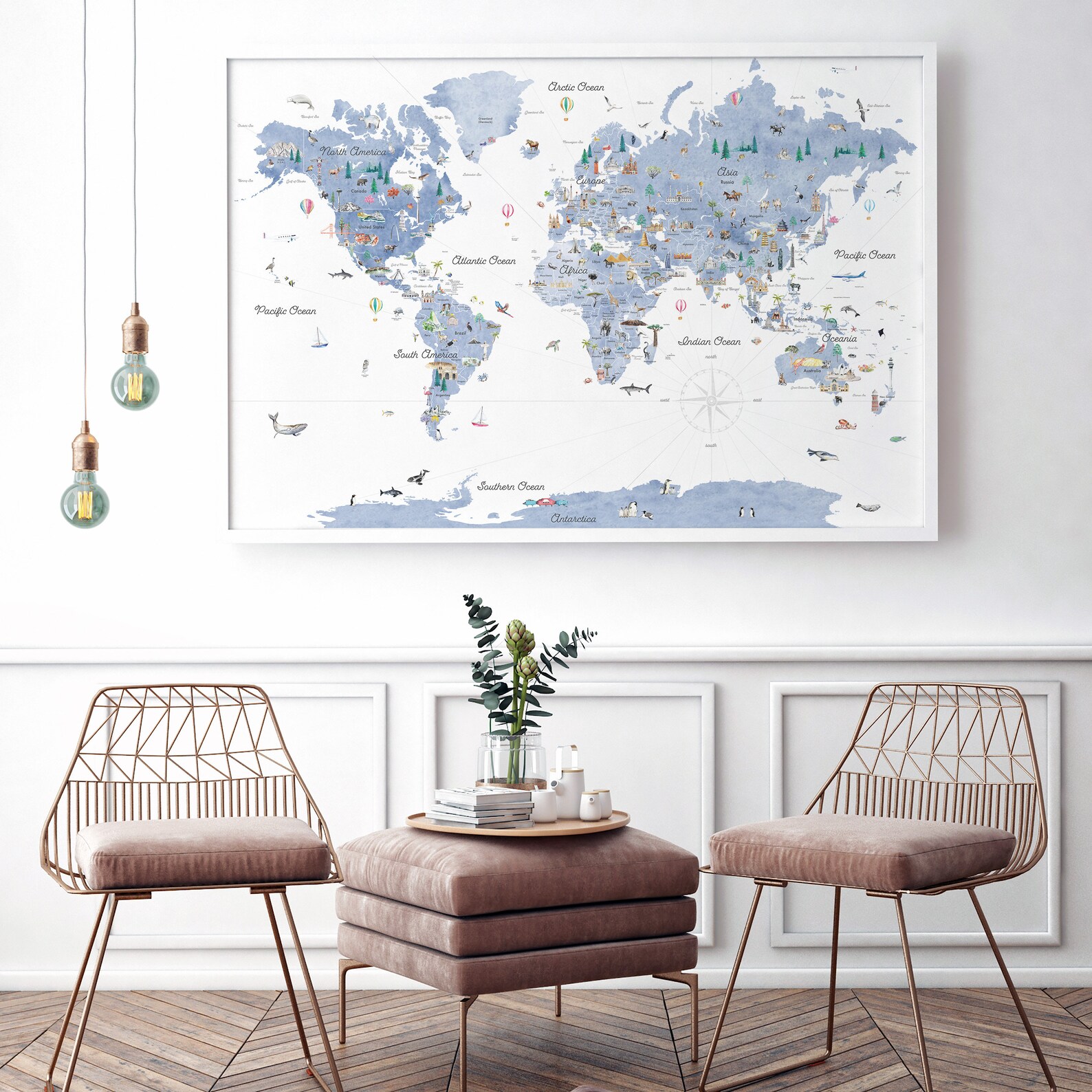 Framed Watercolor World Map| Kids Nursery Decor Art Print - Etsy
