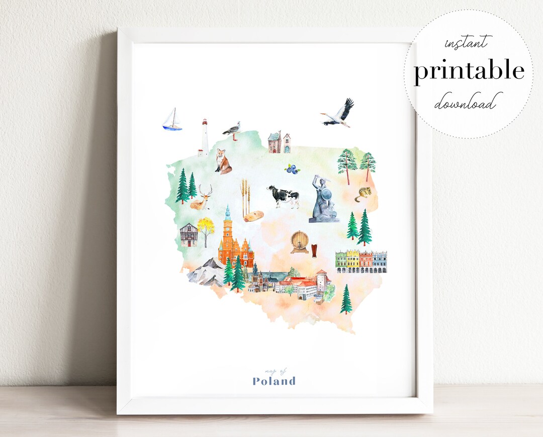 Poland Illustrated Map Printable Wall Art Print Nursery - Etsy