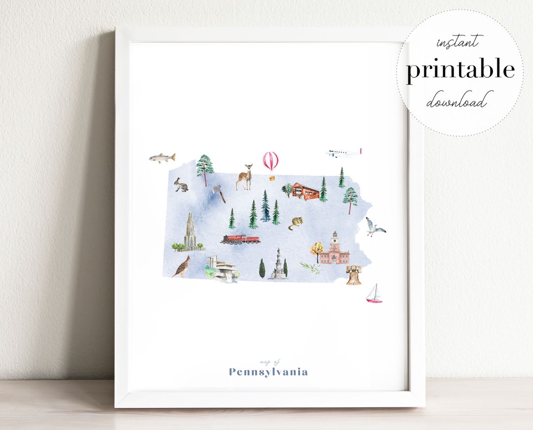 Pennsylvania Printable State Map, Illustrated Wall Art Print, Nursery ...