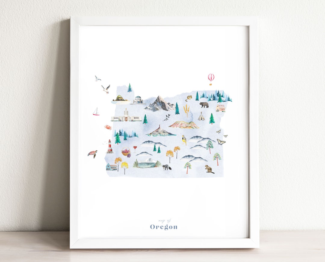 Oregon Illustrated State Map Wall Art Print Nursery Decor - Etsy