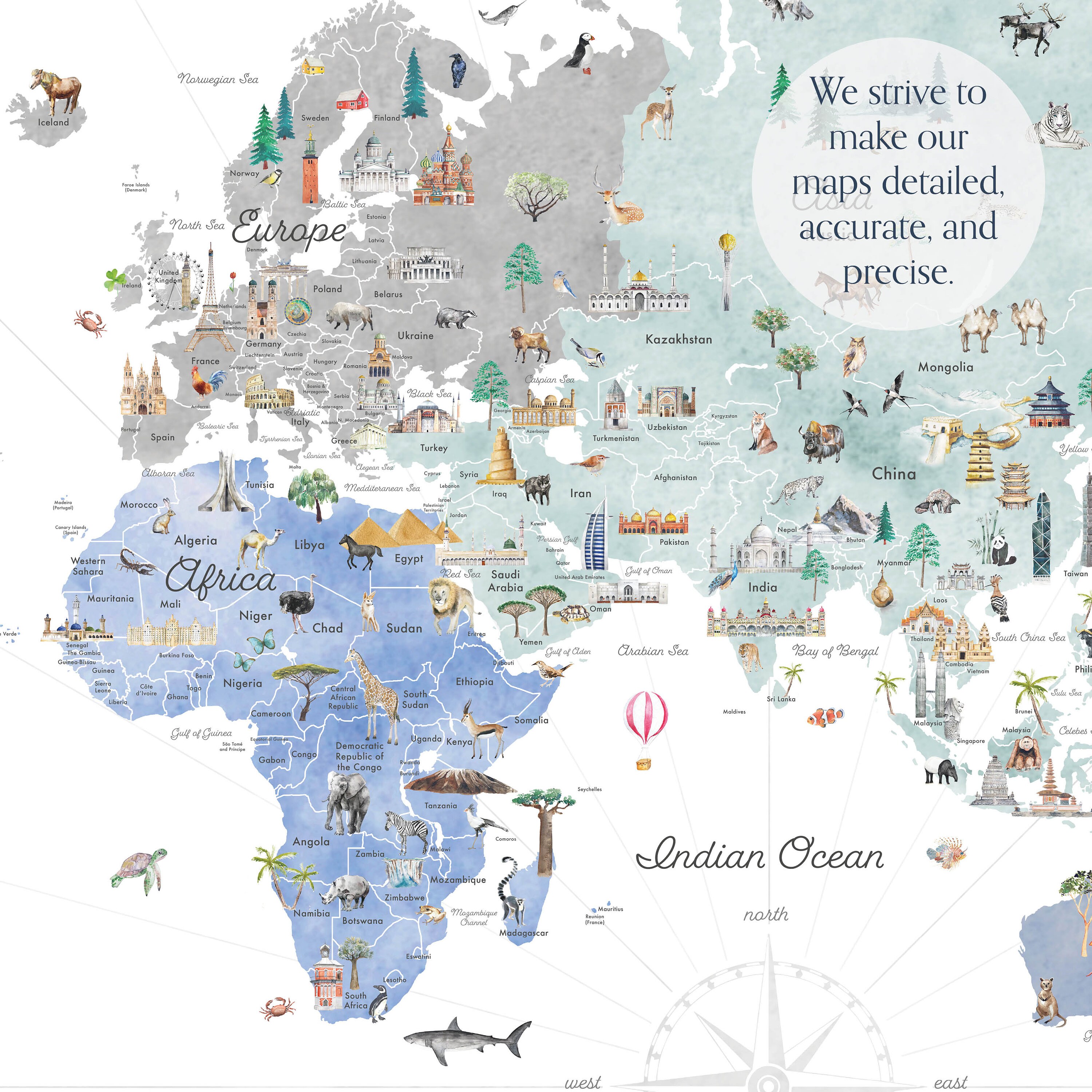 Canvas Cool Tones Educational World Map Travel Wall Art | Etsy