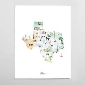 Texas Illustrated State Map, Texas Wall Art Print, Nursery Decor ...