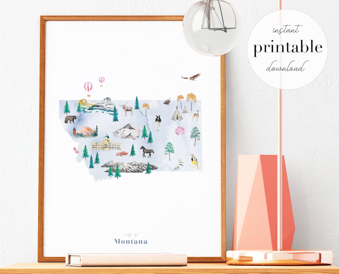 Montana Printable State Map, Illustrated Wall Art Print, Nursery Decor ...