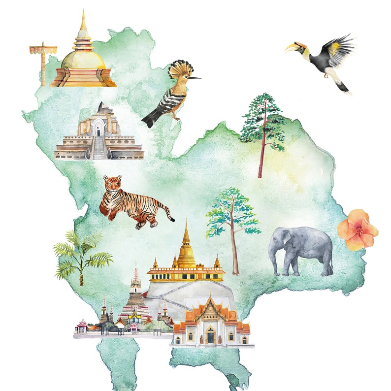 Thailand Map Art Print: Watercolor Landmarks & Animals (digital ...