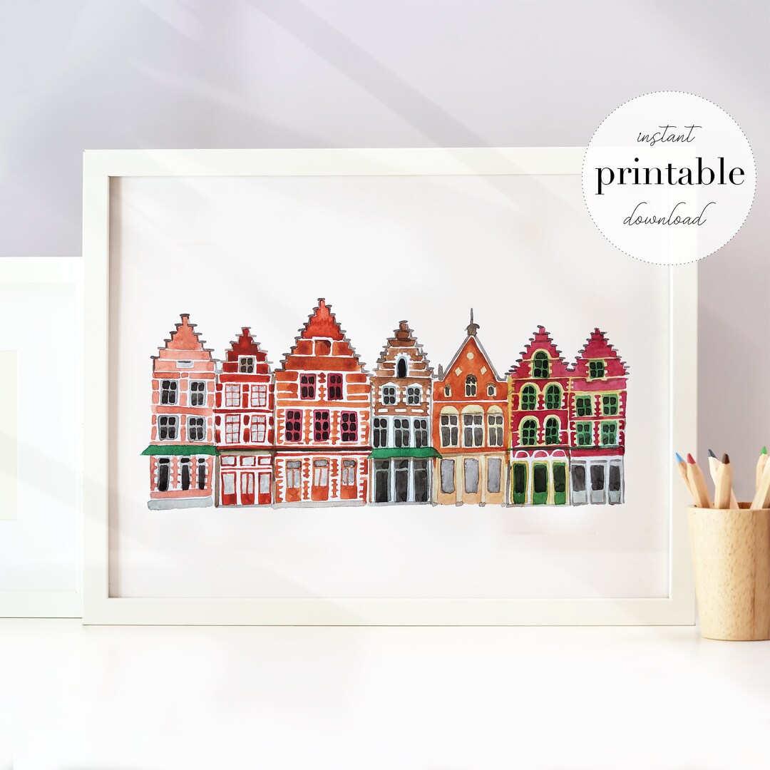 Bruges Streetscape Illustrated Printable | Travel Art Print | Street ...