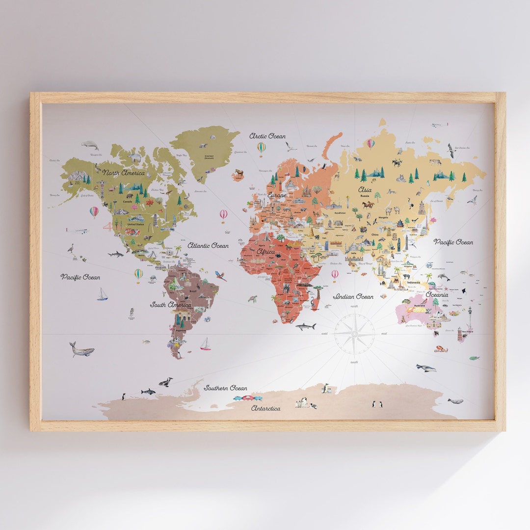 Framed Earth Tones Educational World Map | Political World Map | World ...