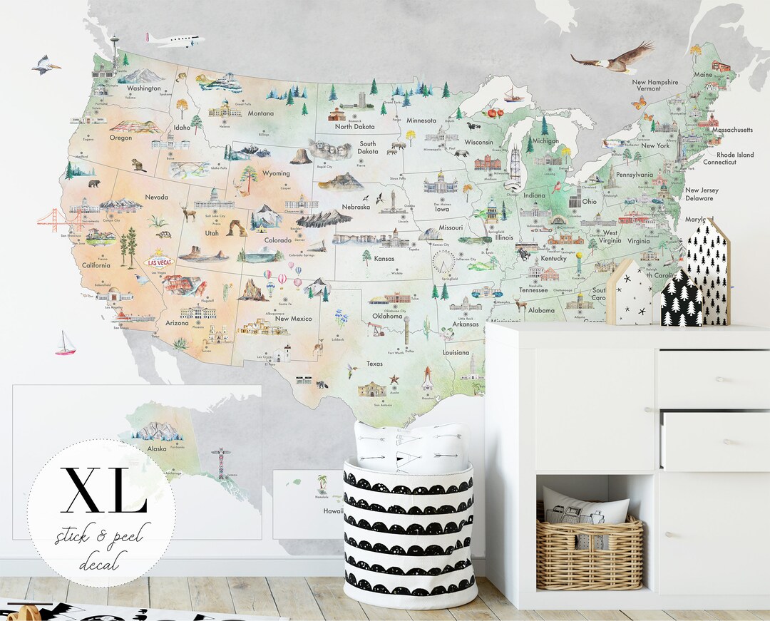 USA Map Wall Decal: Illustrated United States, Nursery Decor - Etsy