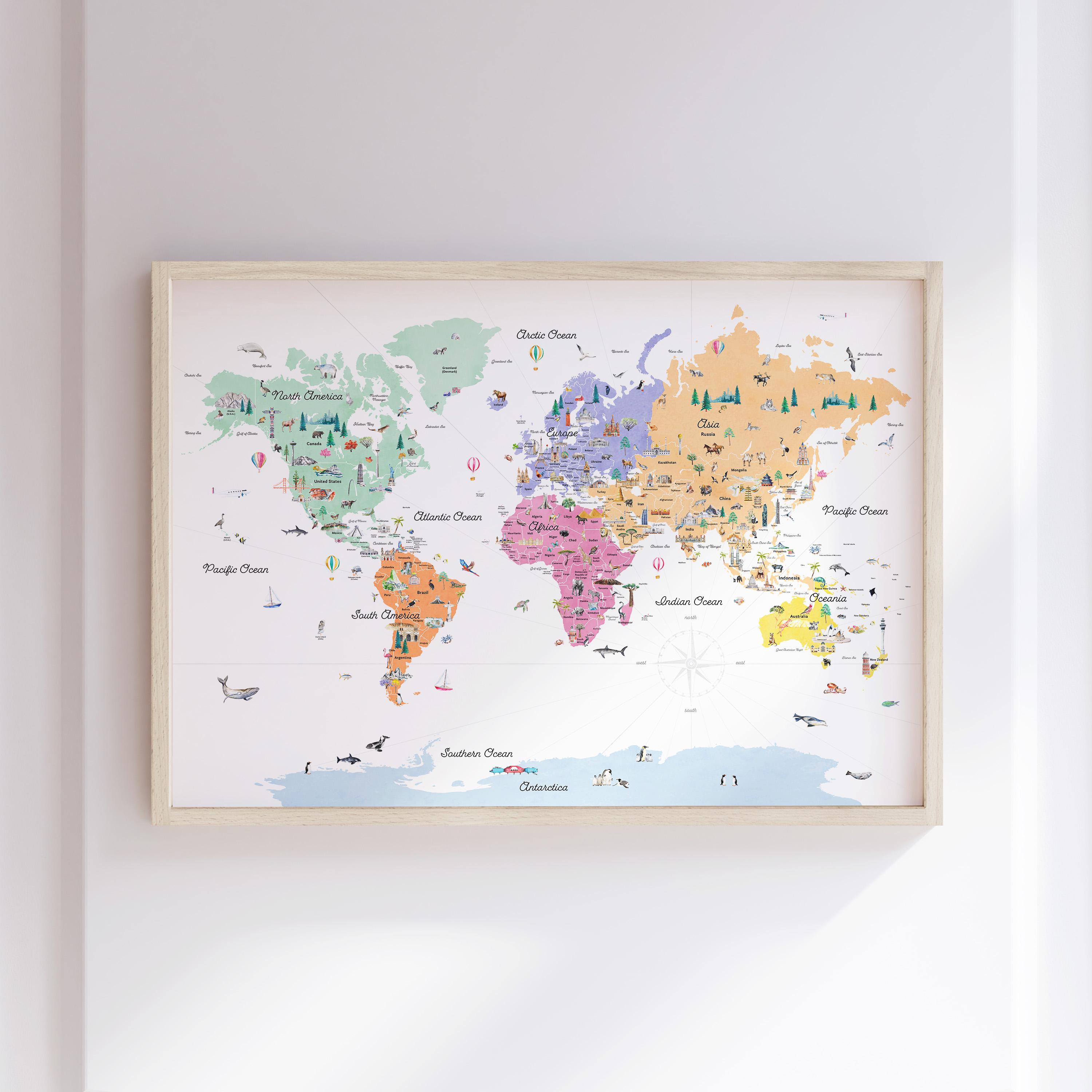 Framed Educational World Map With Countries Borders And Landmarks