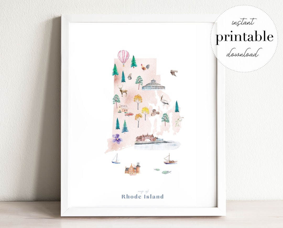 Rhode Island Printable State Map, Illustrated Wall Art Print, Nursery ...