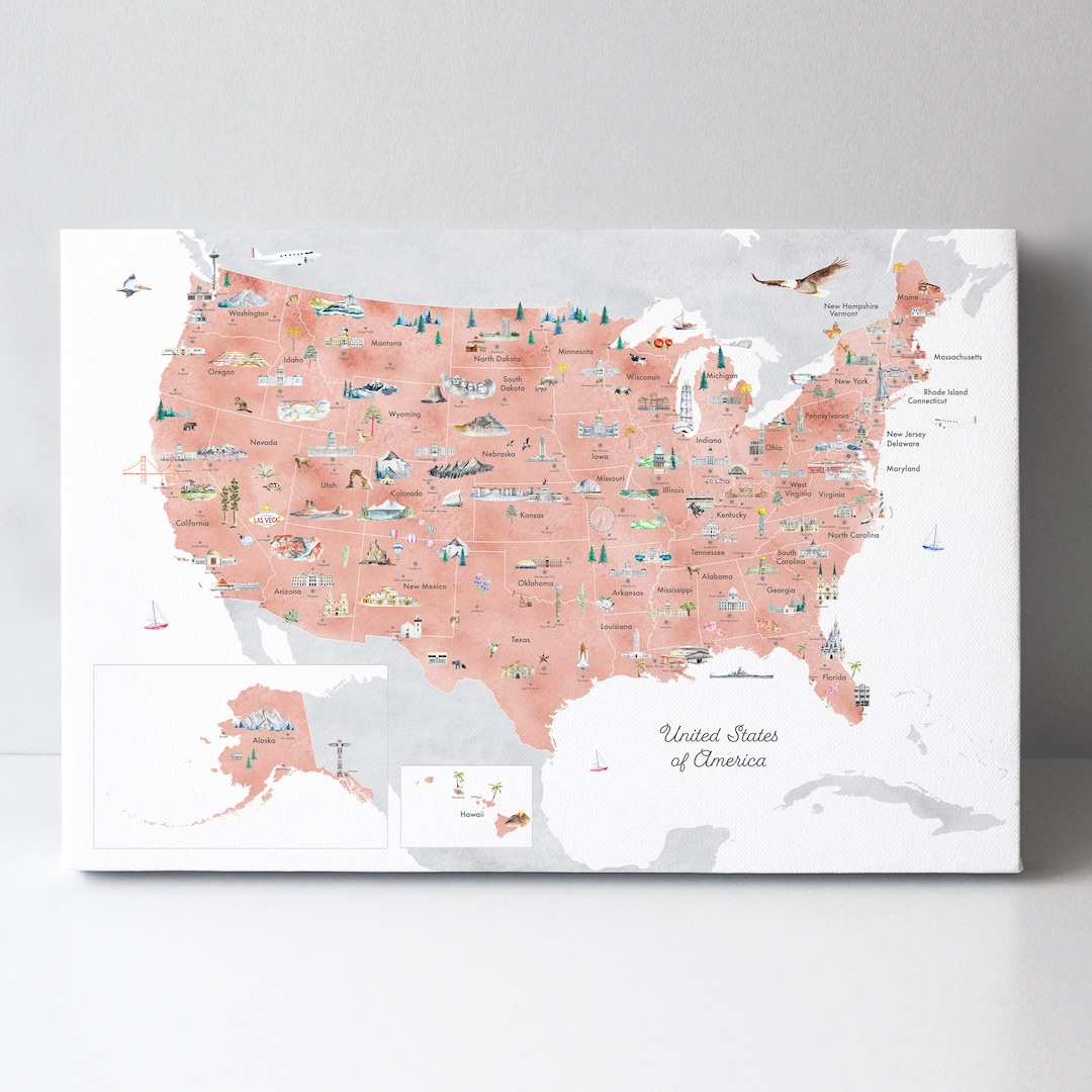 Canvas Pink United States Illustrated Map Wall Art, Travel, Kids World ...