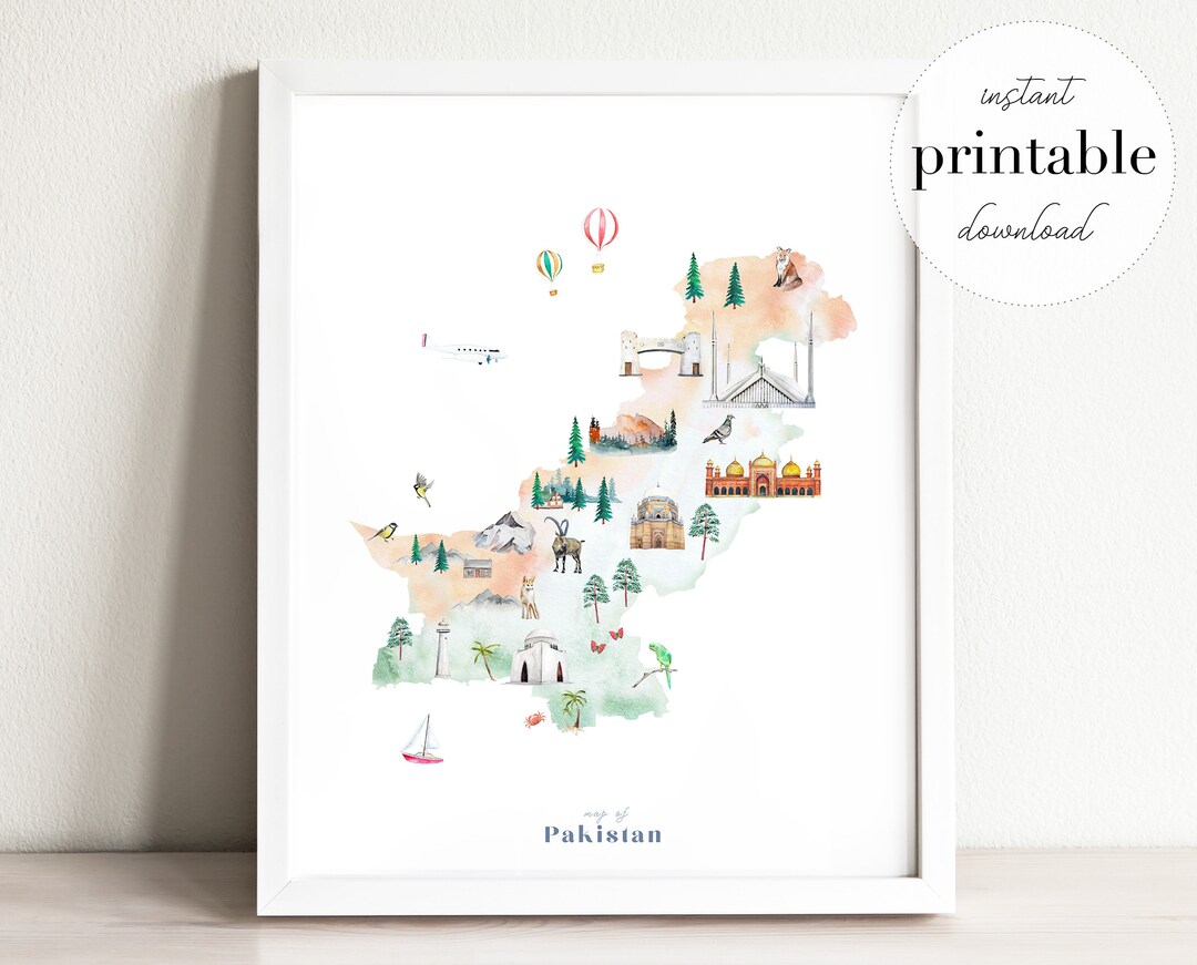 Pakistan Illustrated Map Printable Nursery Decor Wall Art - Etsy
