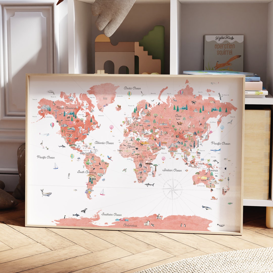 Pink Educational World Map Printable | Nursery Decor World Map ...