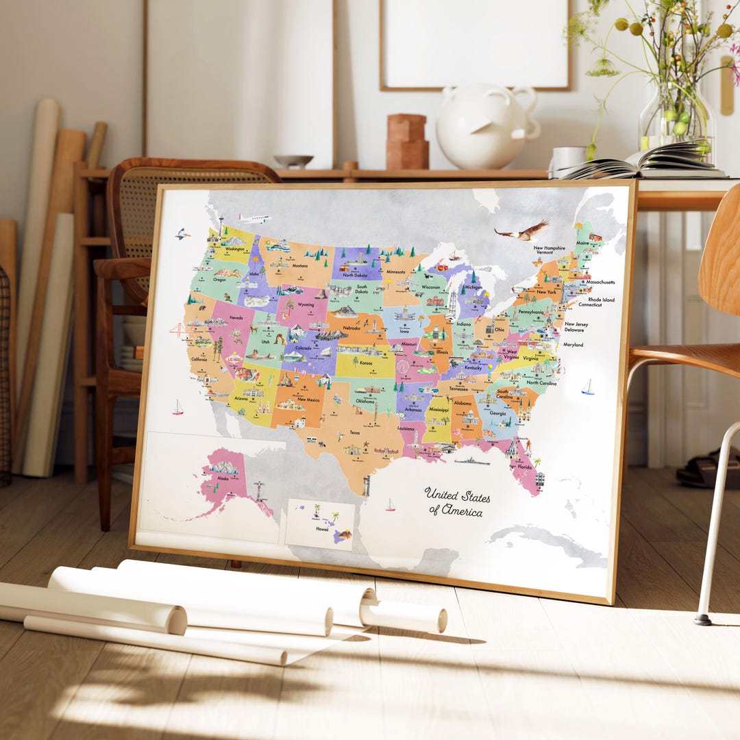 Pastels Educational United States Illustrated Map Art Print | Nursery ...