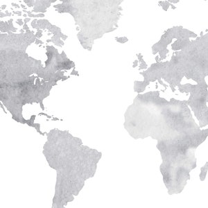Grey World Map Printable, Illustration, Wall Art Print, Nursery Decor ...