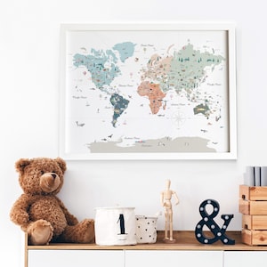Scandinavian Neutrals Educational World Map | Boho Kids Wall Art | Kids ...