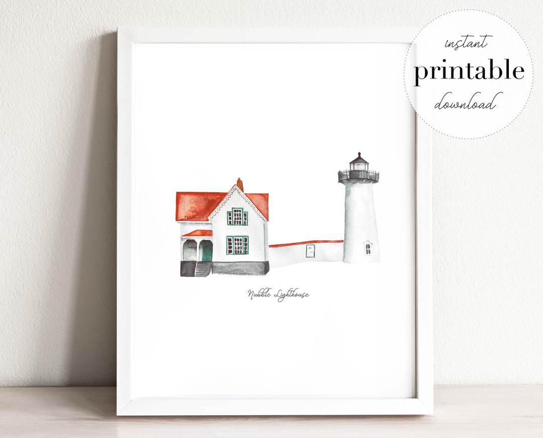 Nubble Lighthouse Watercolor Art Print: Maine Landmark Illustration ...